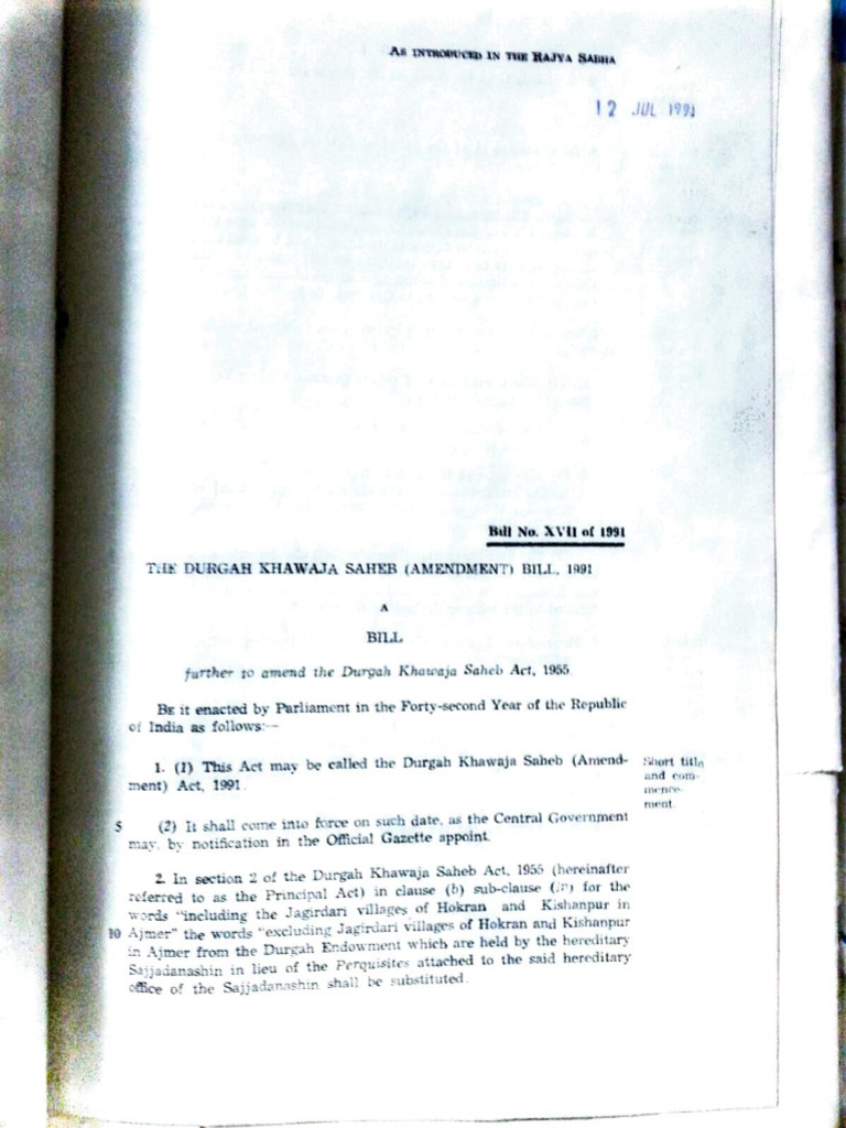 Durgah Khawaja Saheb Amendment Bill 1991 | PDF