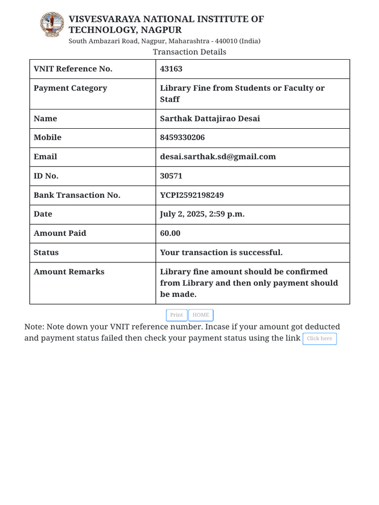VNIT Library Fine 2025 | PDF