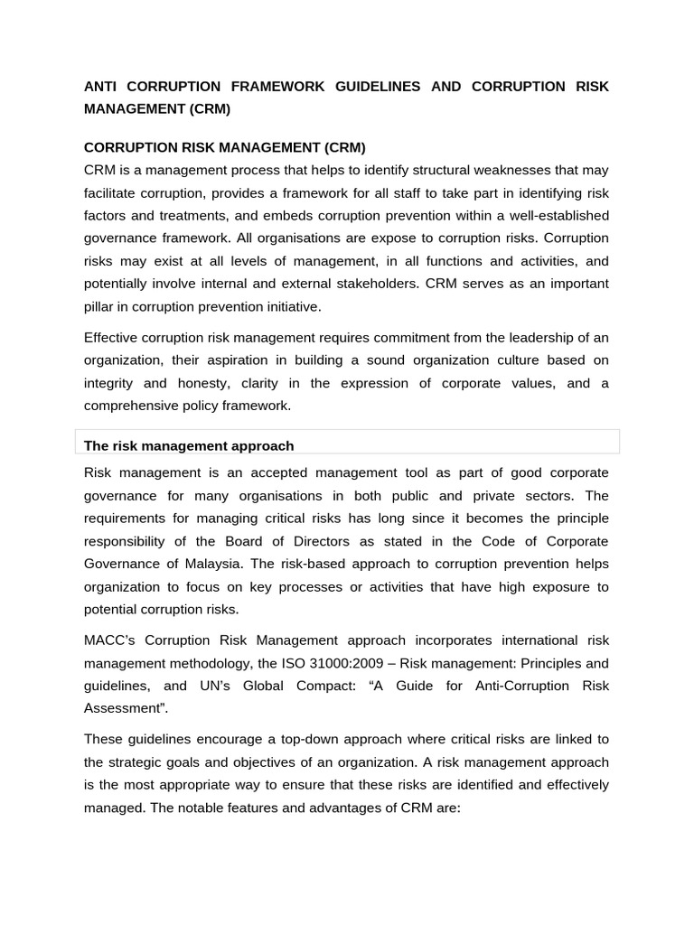 Anti Corruption Framework Guidelines and Corruption Risk Management ...