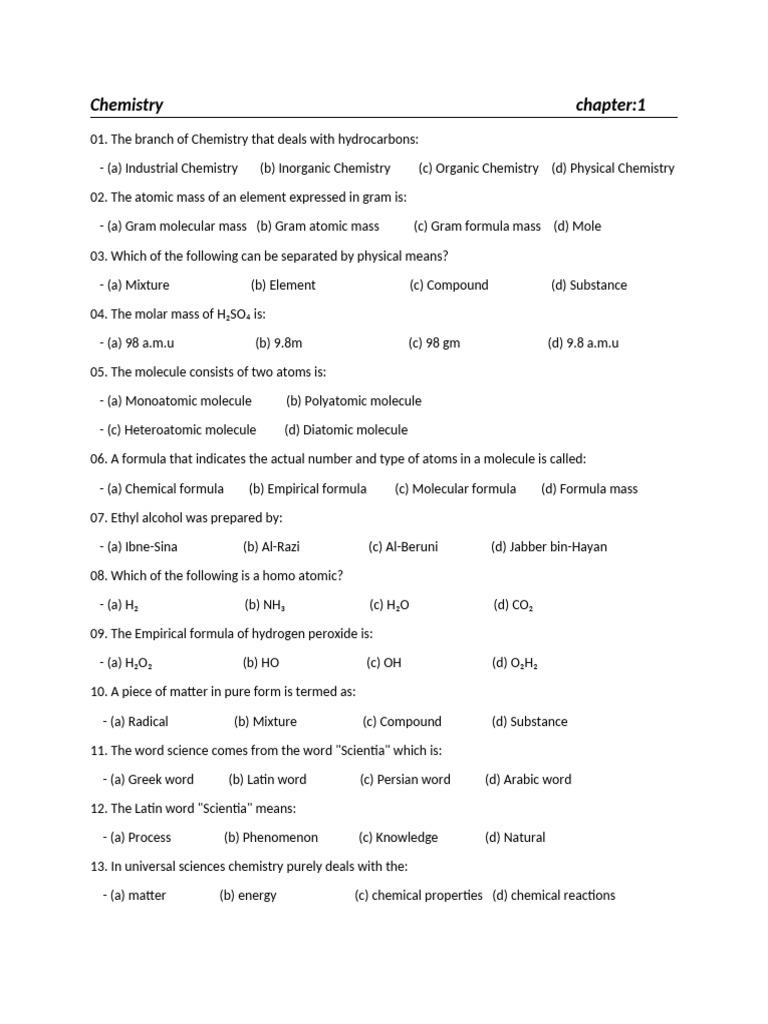 Chemistry Chapter 1 Mcqs | PDF | Chemistry | Molecules