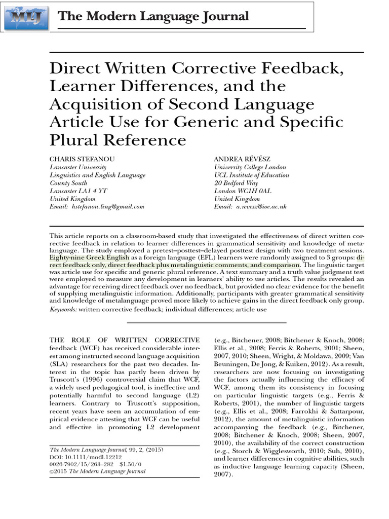Direct Written Corrective Feedback, Learner Differences, and The Acquisition of Second Language ...