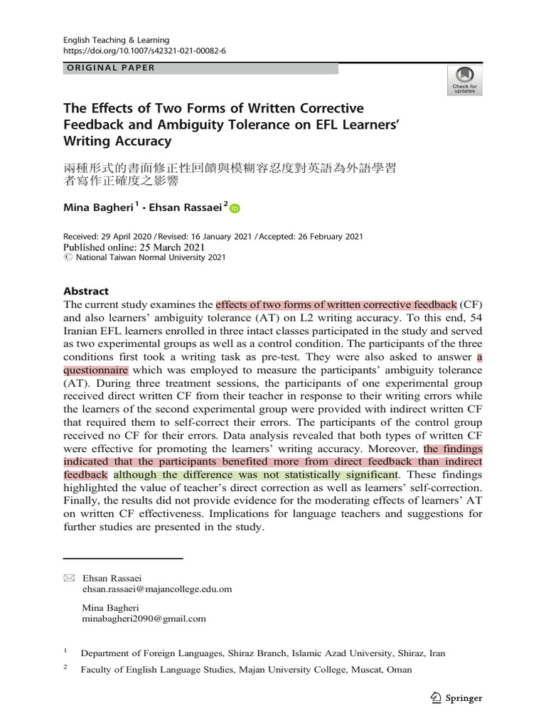 Bagheri & Rassaei (2022). the Effects of Two Forms of Written Corrective Feedback and Ambiguity ...
