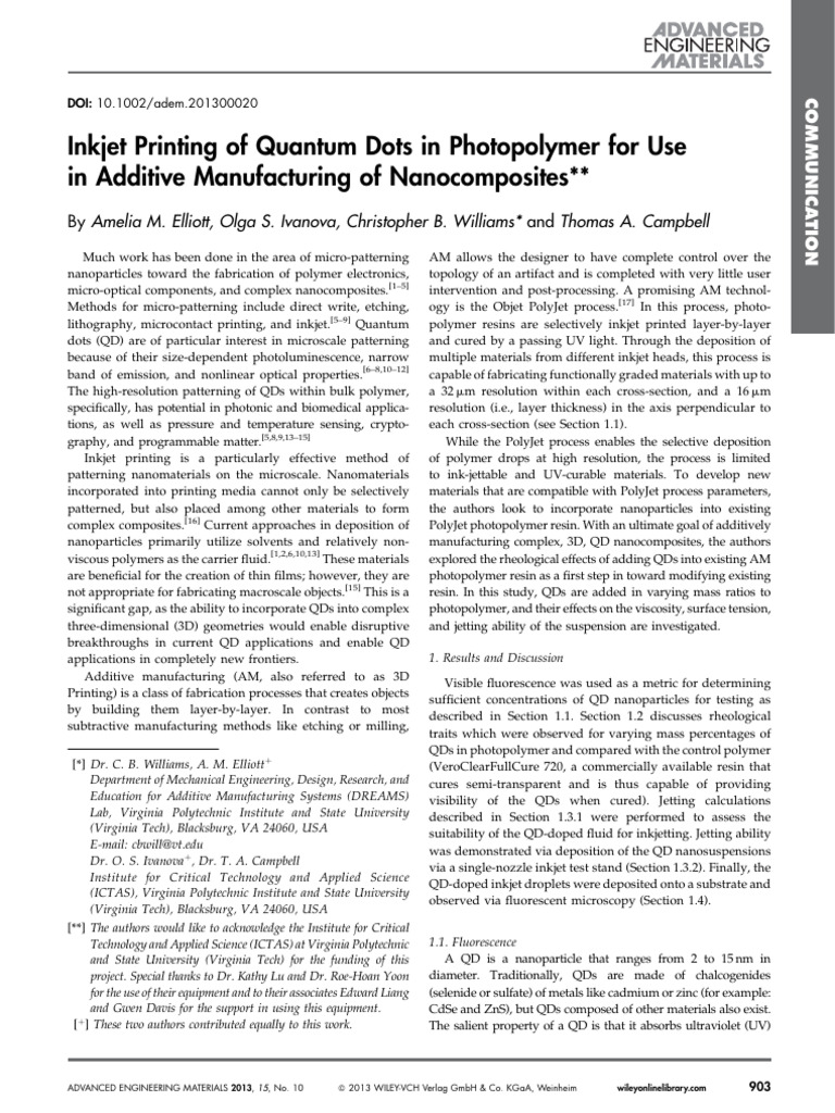 2013 Inkjet Printing of Quantum Dots in Photopolymer For Use in Additive Manufacturing of ...