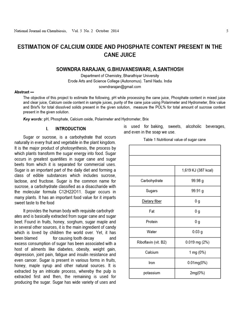 Calcium and Phosphate in Cane Juice | PDF | Sucrose | Sugar