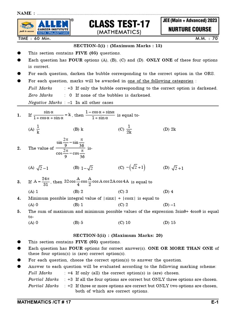Class Test 17 MATH 21.01.22 Student | PDF | Chess | Chess Theory