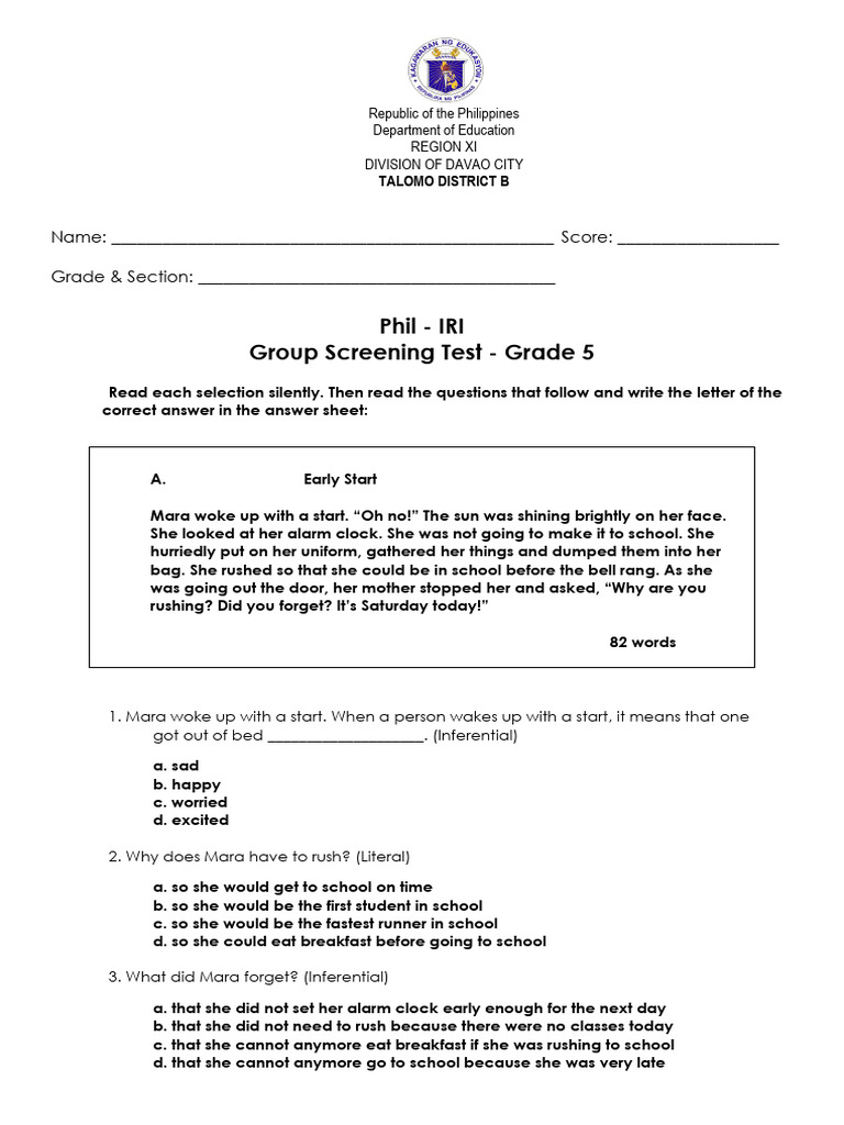 Grade 5 Phil-IRI Test Answer Key | PDF