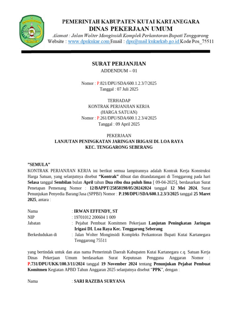 Addendum Kontrak Irigasi Loa Raya 2025 | PDF