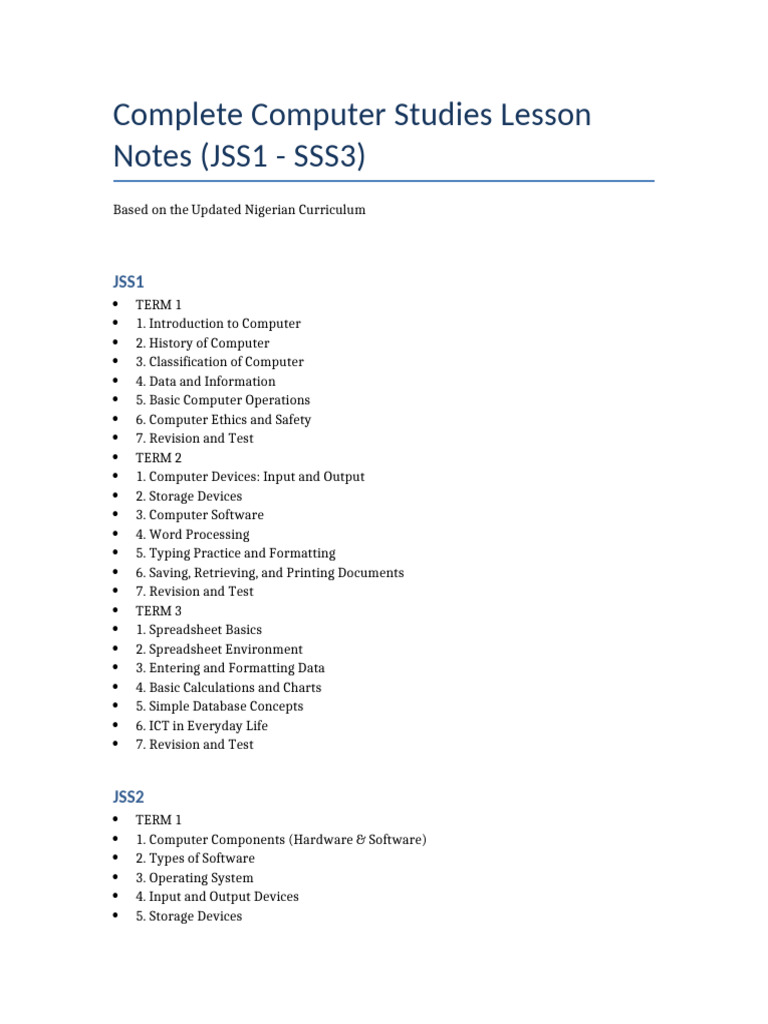 Complete Computer Studies Lesson Notes JSS1 SSS3 | PDF | Spreadsheet ...