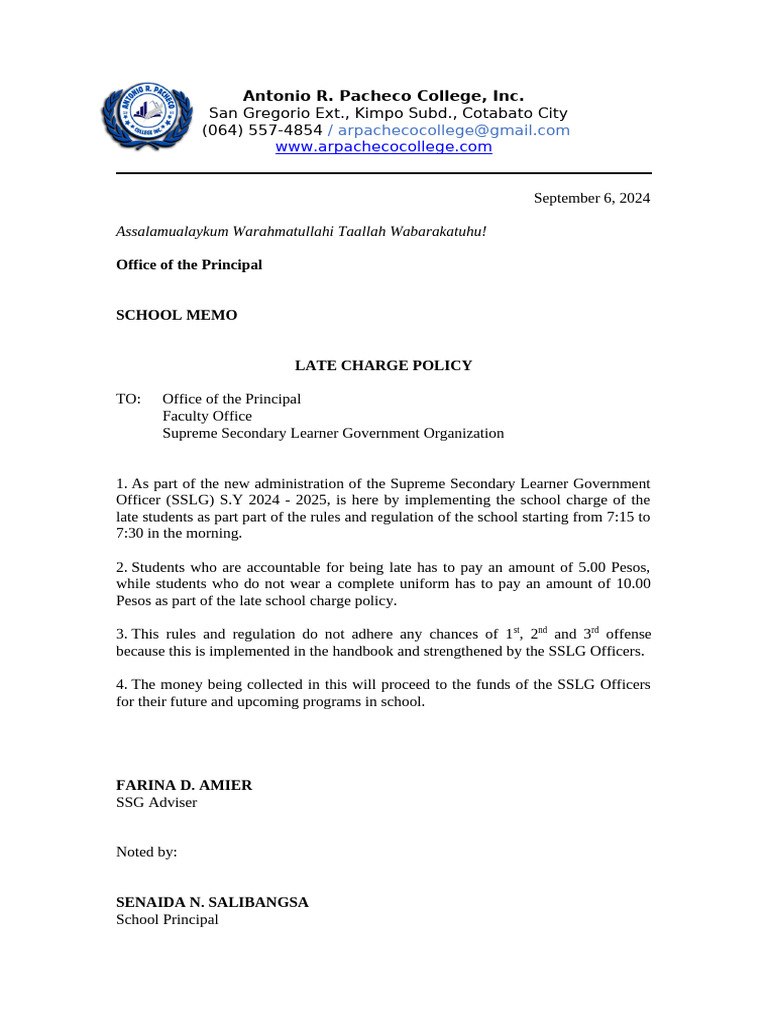 Memo For Late School Charge | PDF