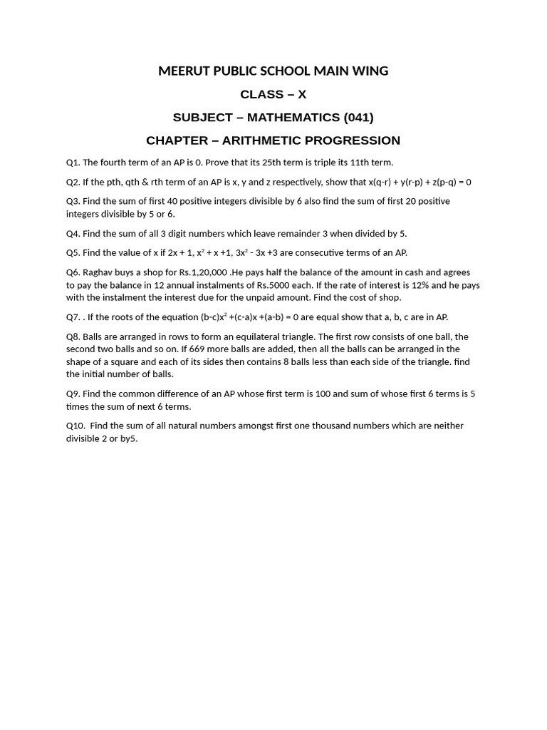 Arithmetic Progression WORKSHEET | PDF