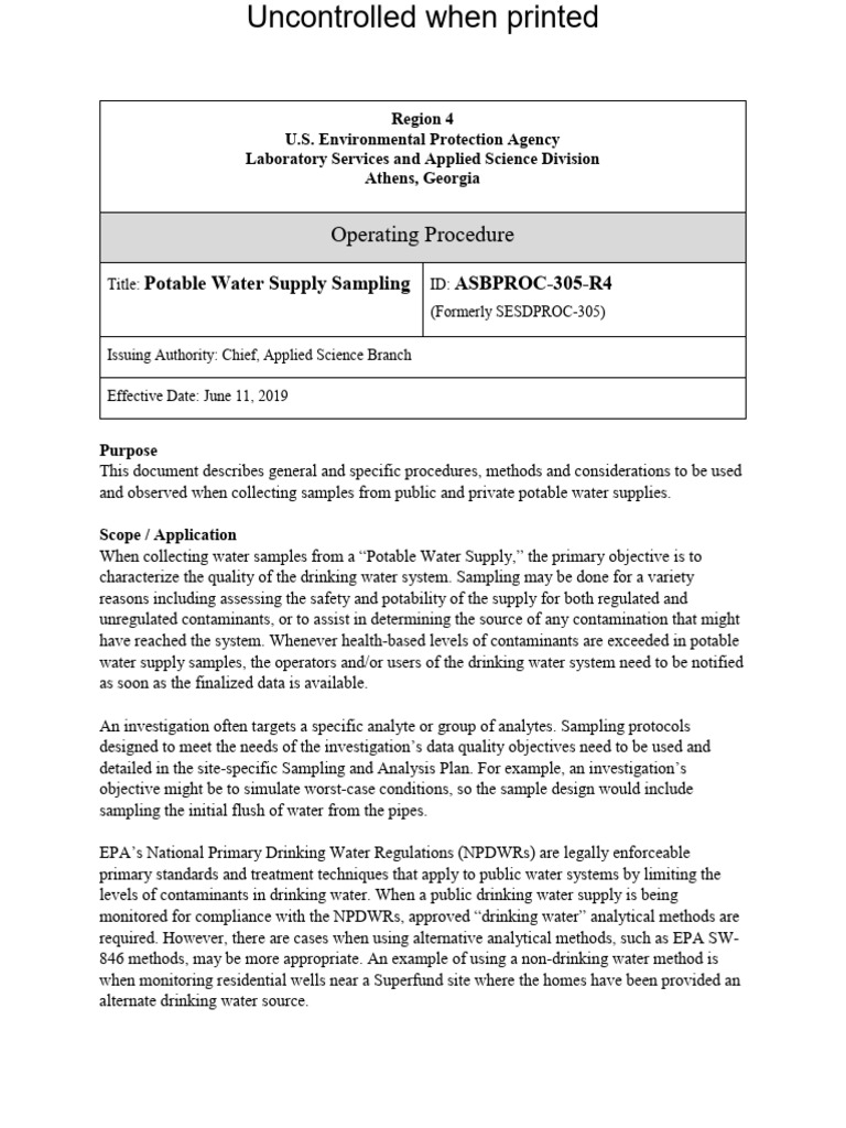 Potable Water Supply Sampling | PDF | Drinking Water | Tap (Valve)
