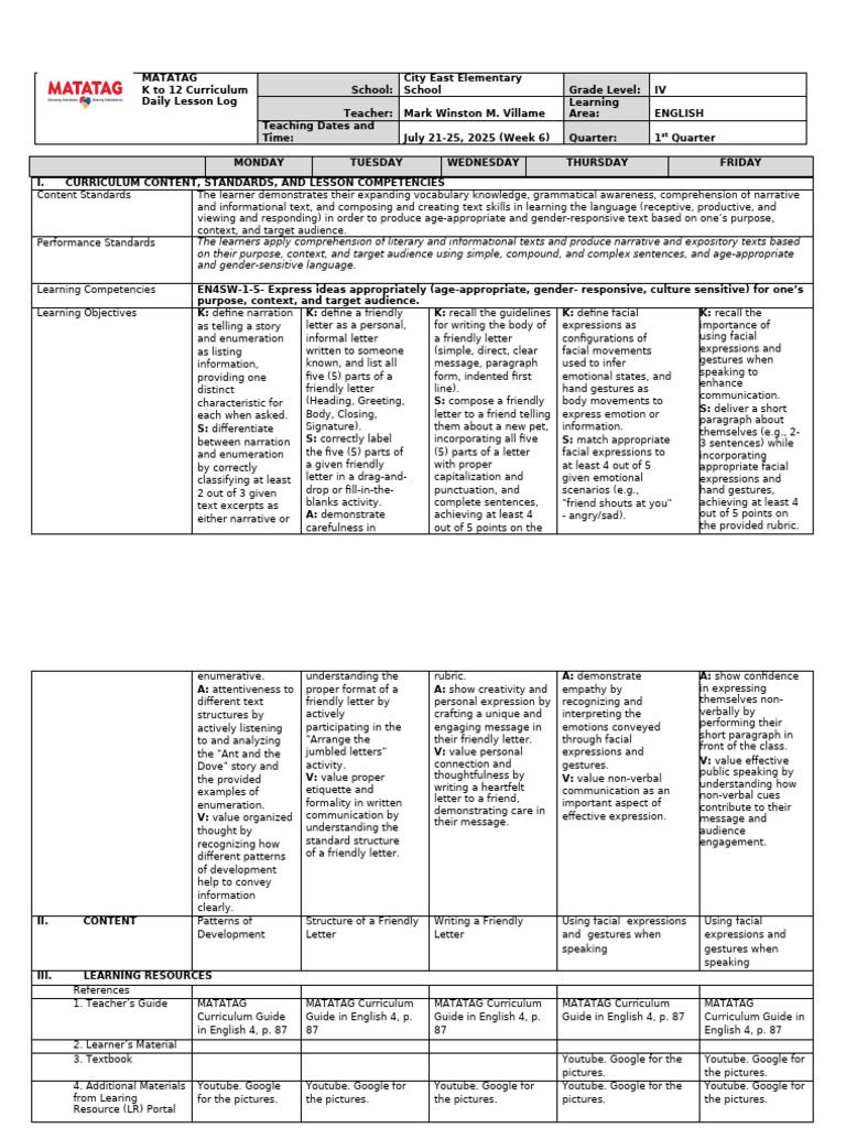 English IV Daily Lesson Log: Week 6 | PDF | Curriculum | Communication
