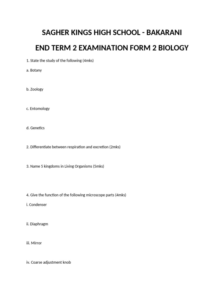 Term 2 Biology Exam Questions | PDF