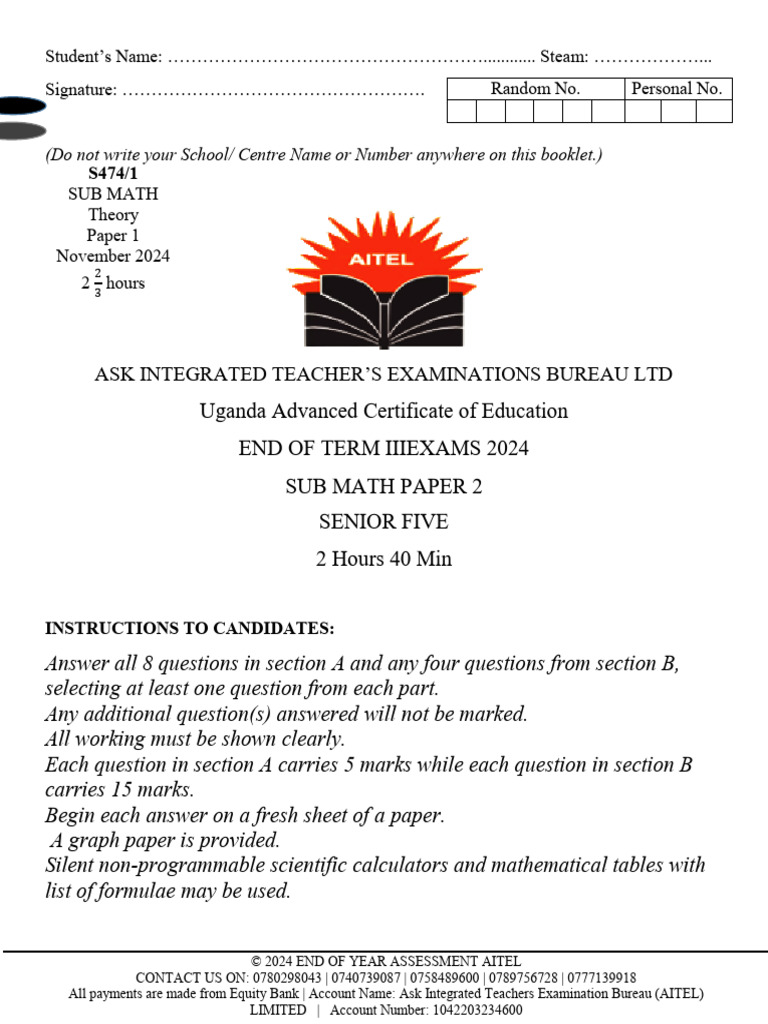 Senior Five Sub Math Term III Exam 2024 | PDF | Variance | Mathematics