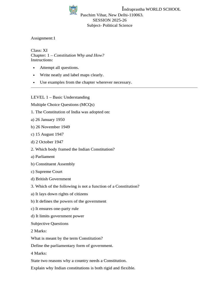 Assignment Chapter I Political Science Class Xi | PDF | Constitution ...