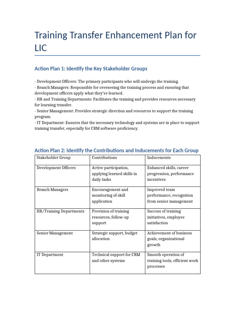 LIC Training Transfer Enhancement Plan | PDF | Goal | Customer ...