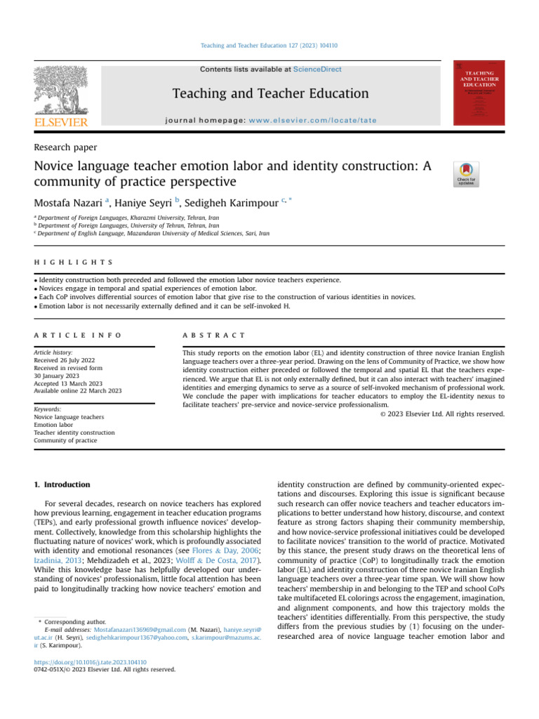Novice Language Teache R Emotion Labor and Ident Ity Construction | PDF ...
