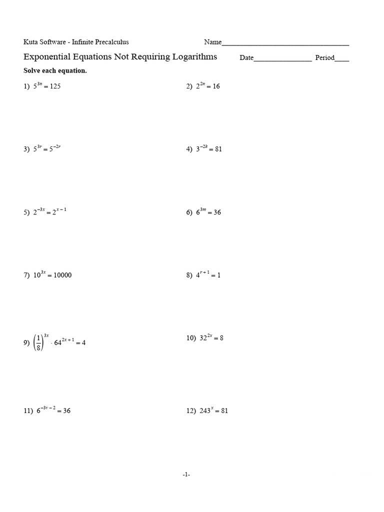 Exponential Equations Worksheet | PDF | Logarithm | Mathematics