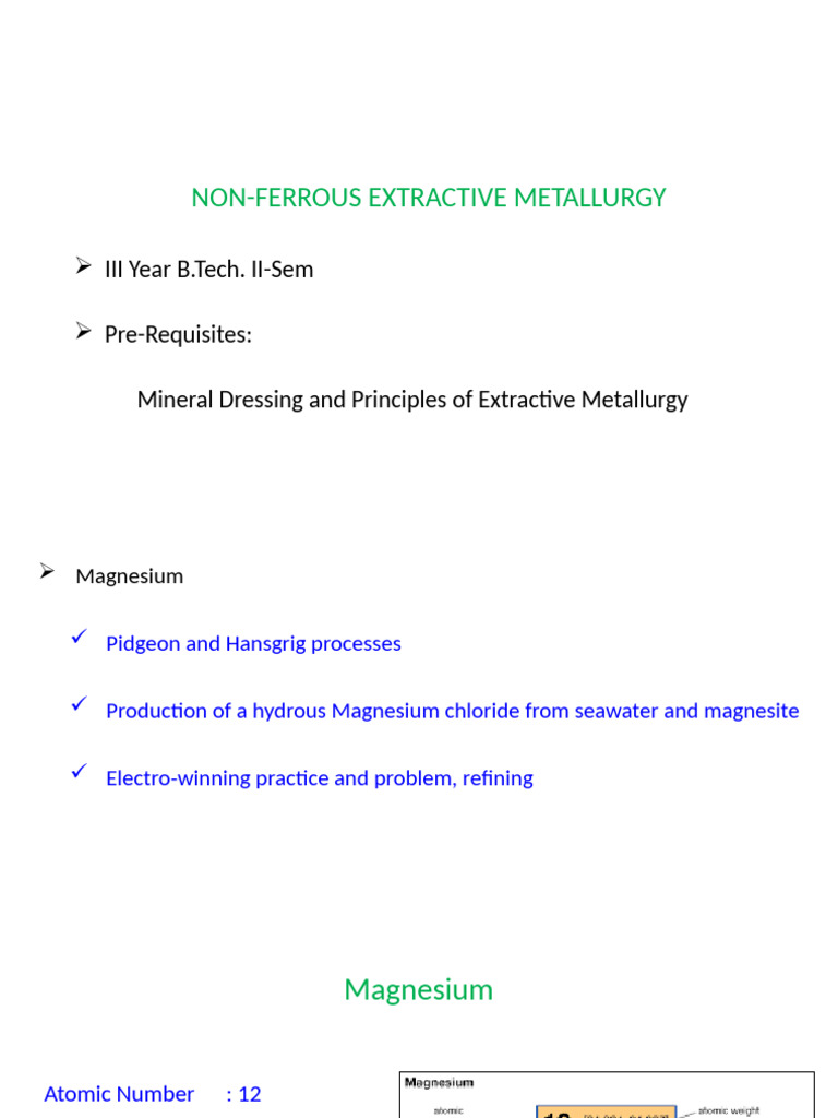 Non Ferrous Metal Extraction (Magnesium) | PDF | Magnesium | Chemical ...