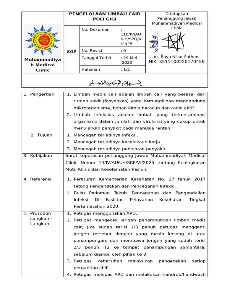 Spo Pengelolaan Limbah Cair Poli Gigi | PDF
