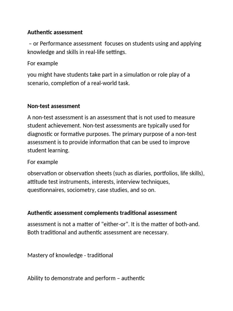 Authentic Assessment Authentic Non Test Assement Assessment Complements ...