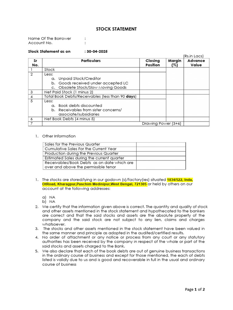 CC Limit Stock Statement Format | PDF | Stocks | Business Law