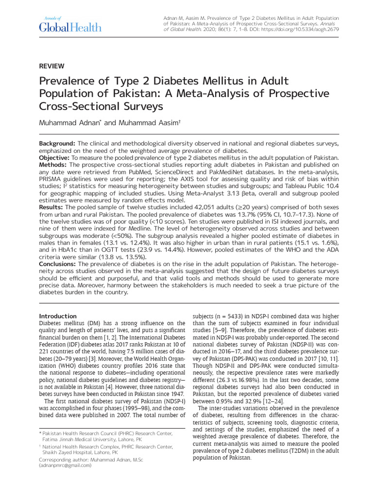 Prevalence of Type 2 Diabetes Mellitus in Adult Population of Pakistan ...
