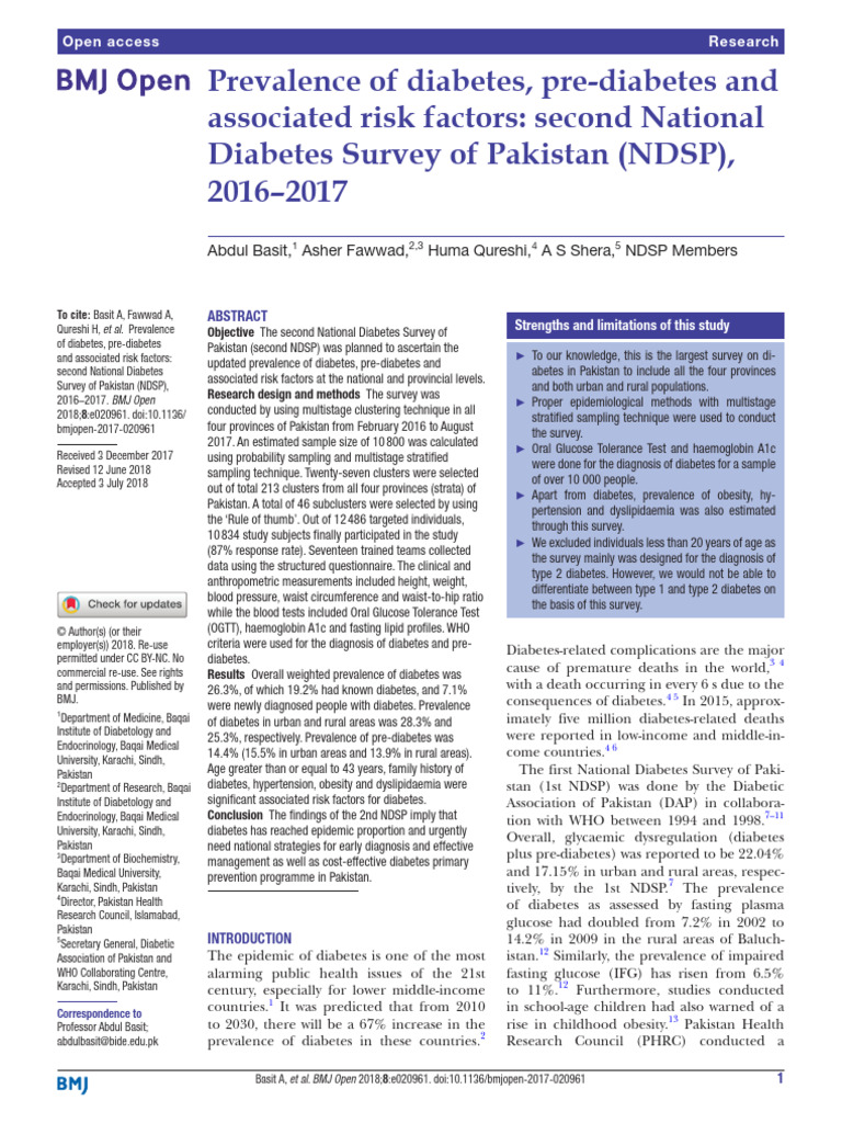 Prevalence of Diabetes, Pre-Diabetes and Associated Risk Factors Second ...
