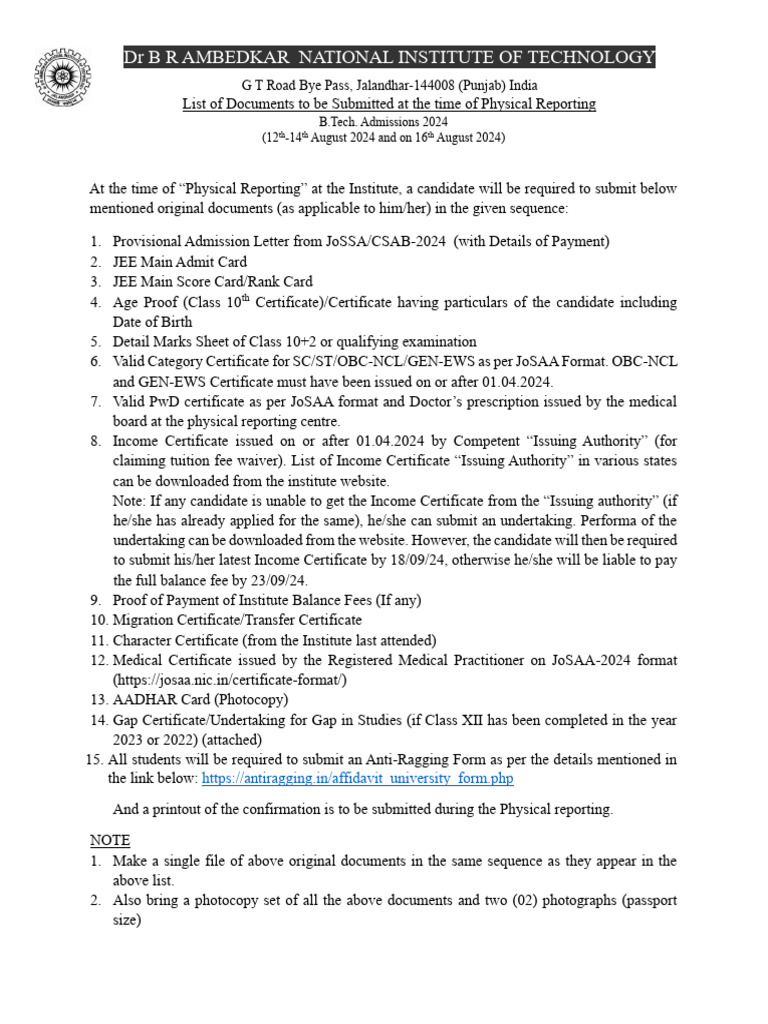 NIT Jalandhar Physical Reporting Docs 2024 | PDF