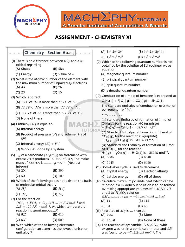 Diwali Assignment Chemistry - Xi | PDF