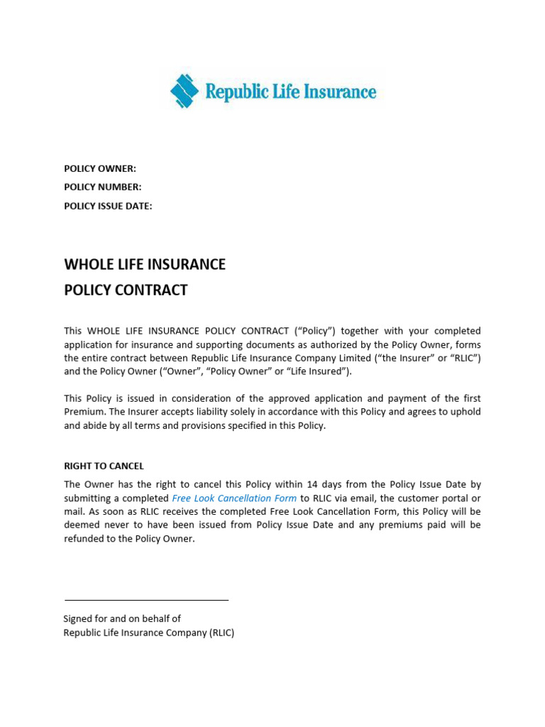 Whole Life Sample Policy Contract | PDF | Insurance | Life Insurance