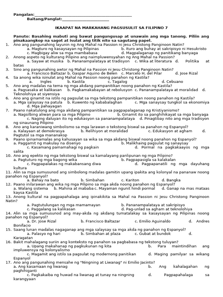 Fourth Final Filipino 7 | PDF