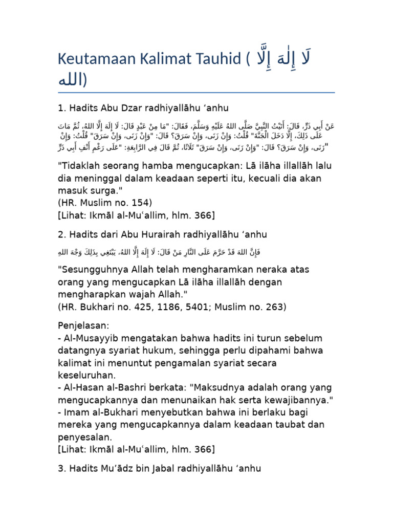 Keutamaan Kalimat Tauhid dalam Hadits | PDF