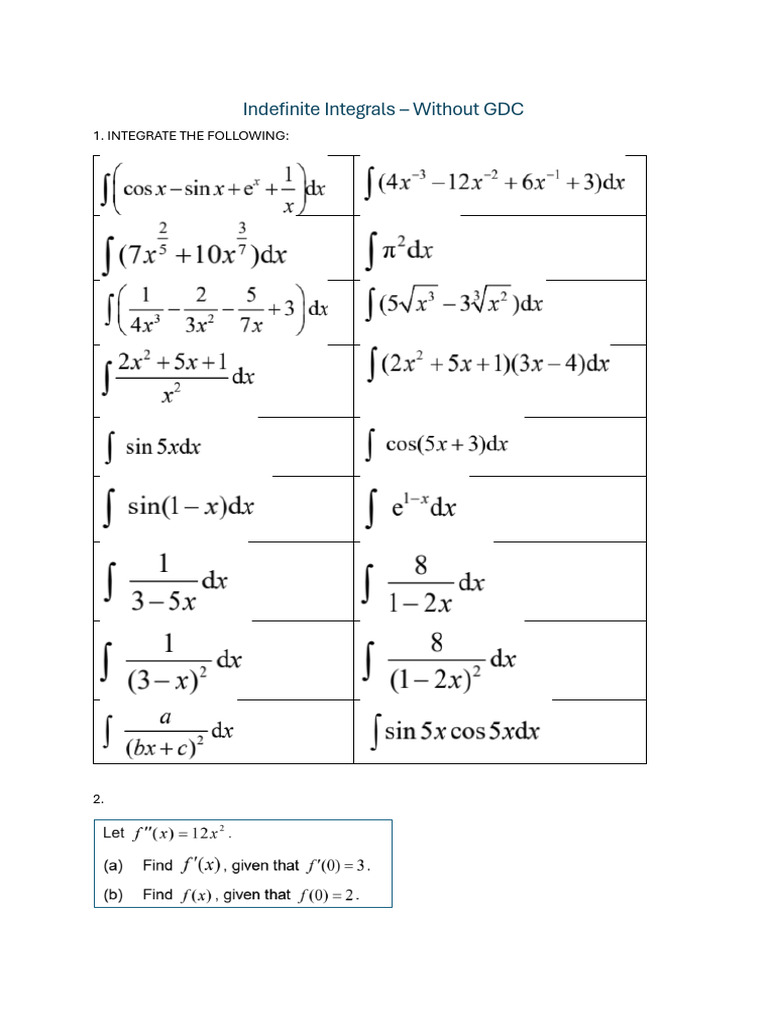 IB Math AA Indefinite Integrals Questions | PDF