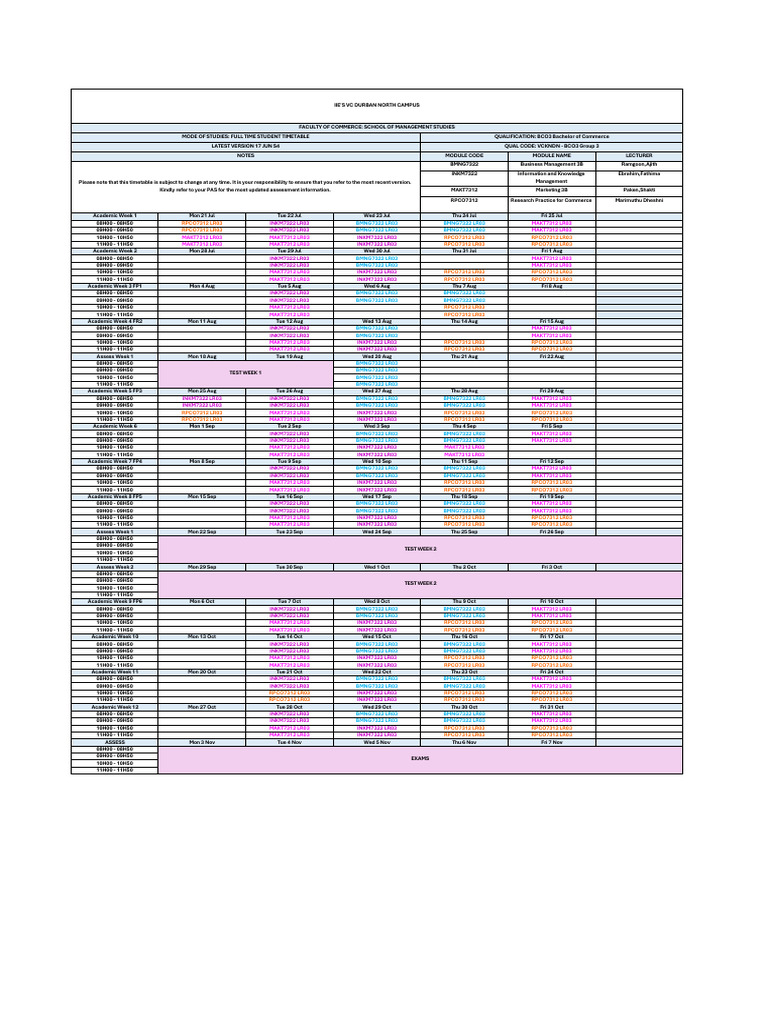 BCO3 G3 Timetable As at 24-07-2025 | PDF