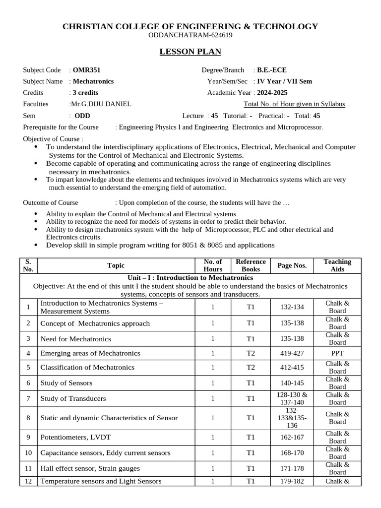 OMR351 Mechatronics Course Overview | PDF | Programmable Logic ...