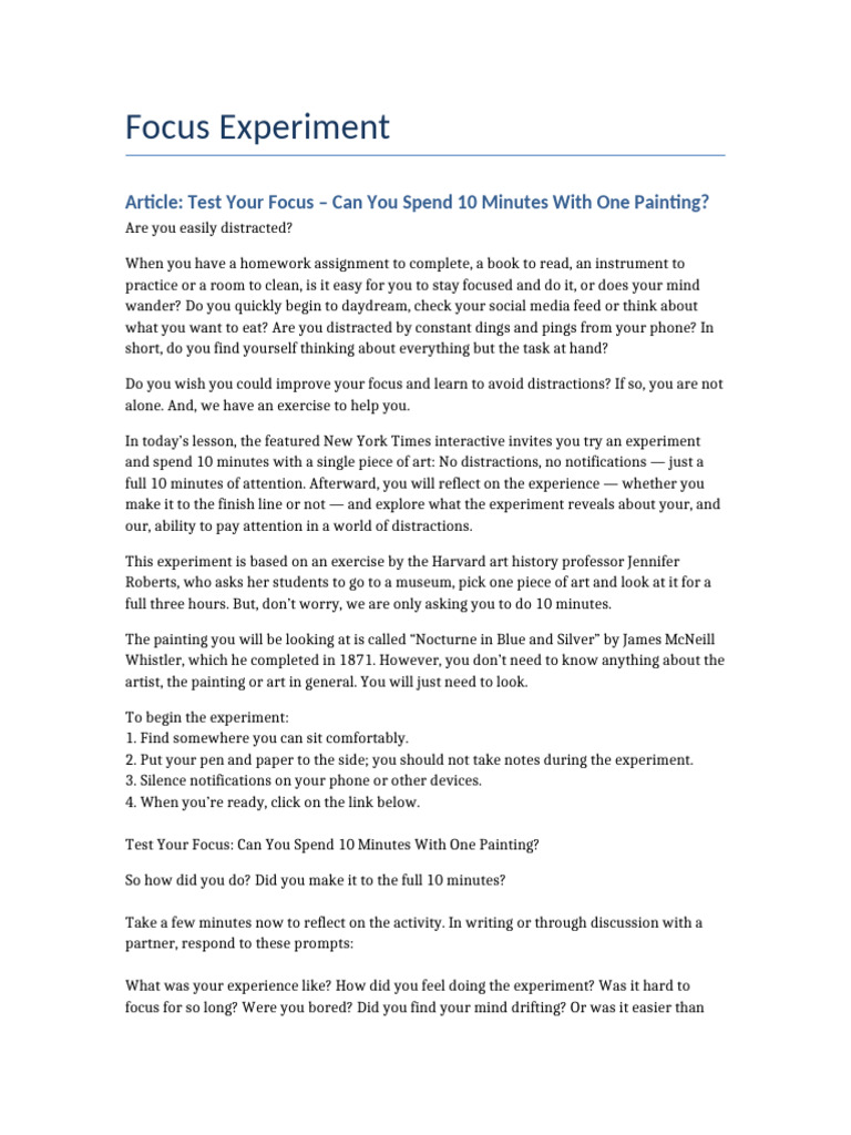 Focus Experiment: 10-Minute Challenge | PDF | Reading Comprehension ...