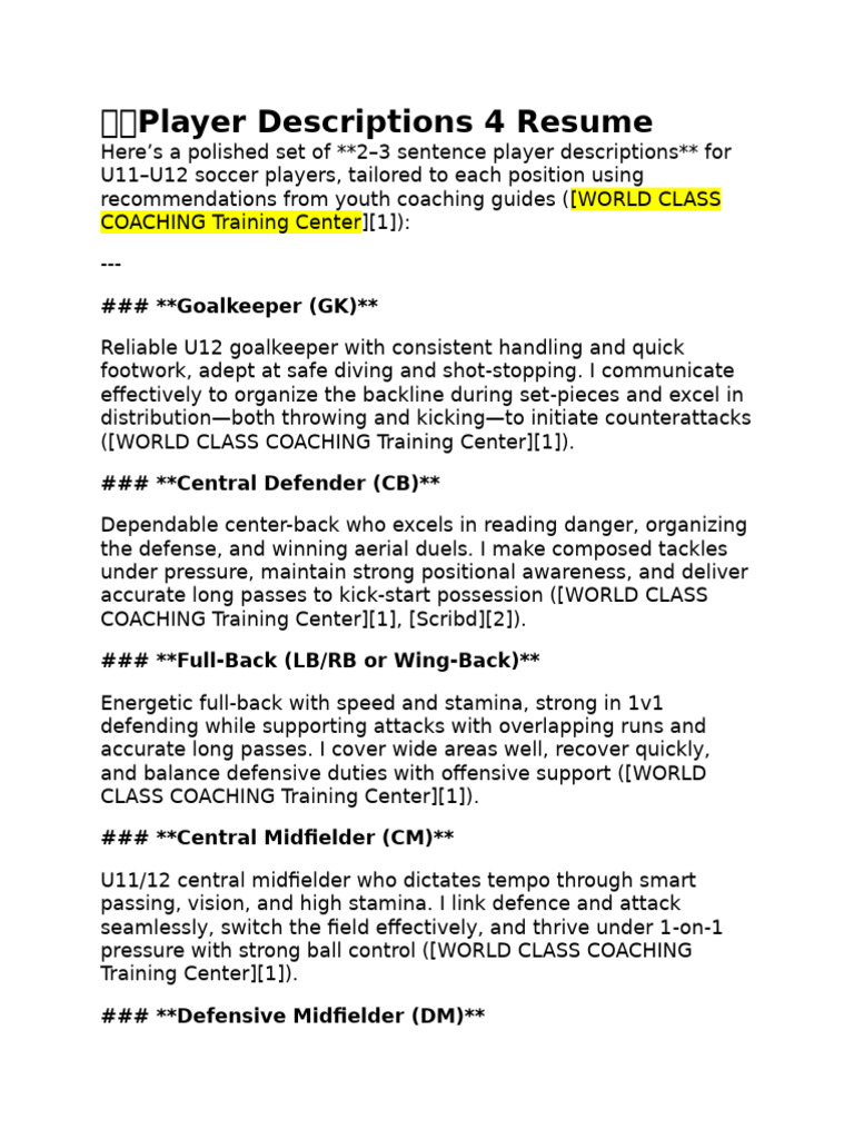 U11-U12 Soccer Player Descriptions | PDF | Forward (Association ...