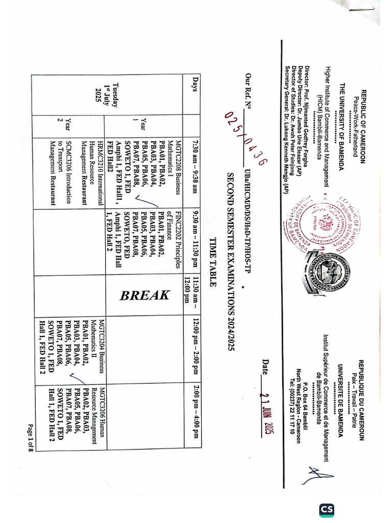 Undergraduate 2nd Sem Exam Timetable | PDF