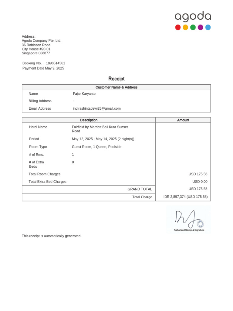 E Receipt Hotel Pak Fajar | PDF