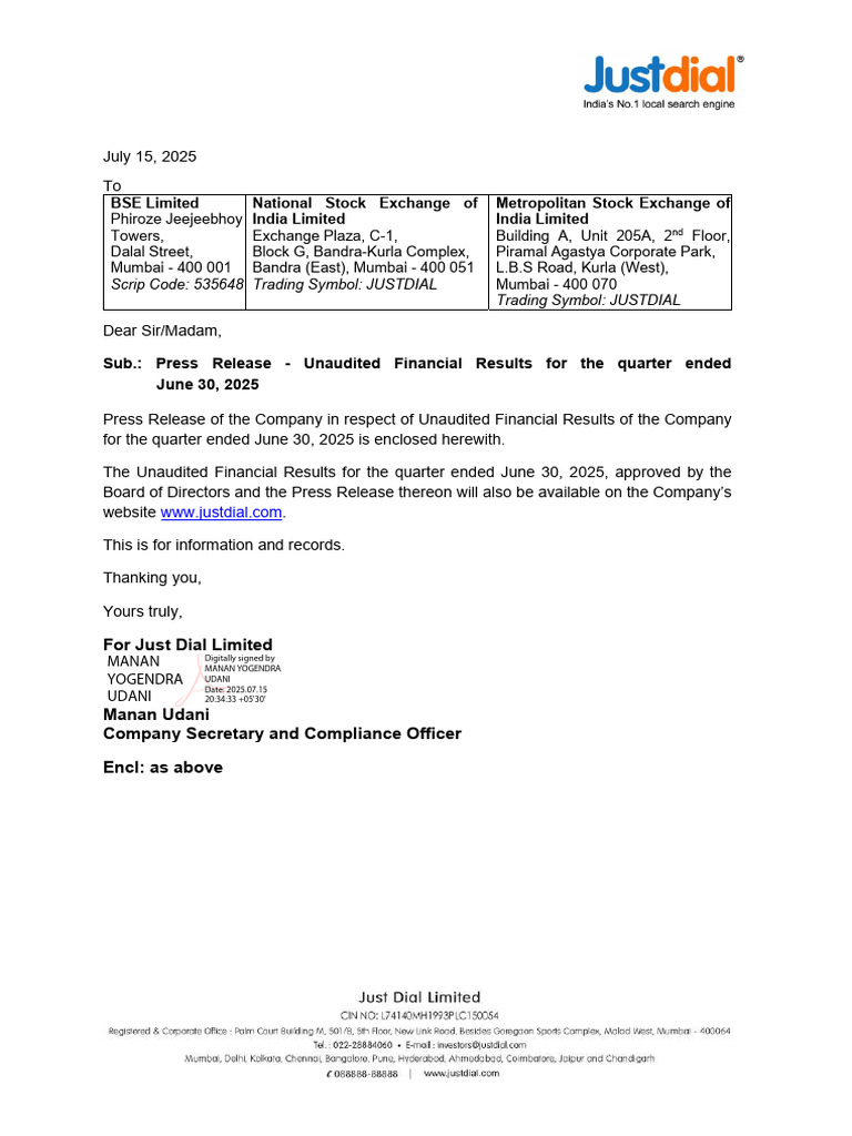 BSE Limited National Stock Exchange of India Limited Metropolitan Stock Exchange of India ...