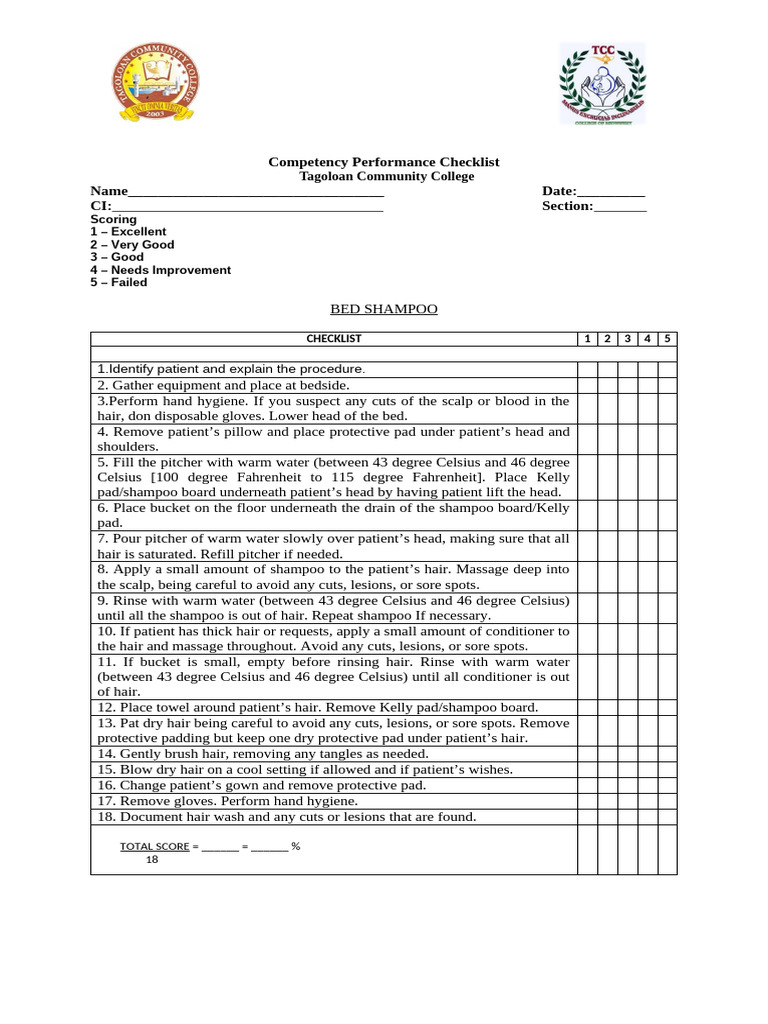 Bed Shampoo Procedure Checklist | PDF