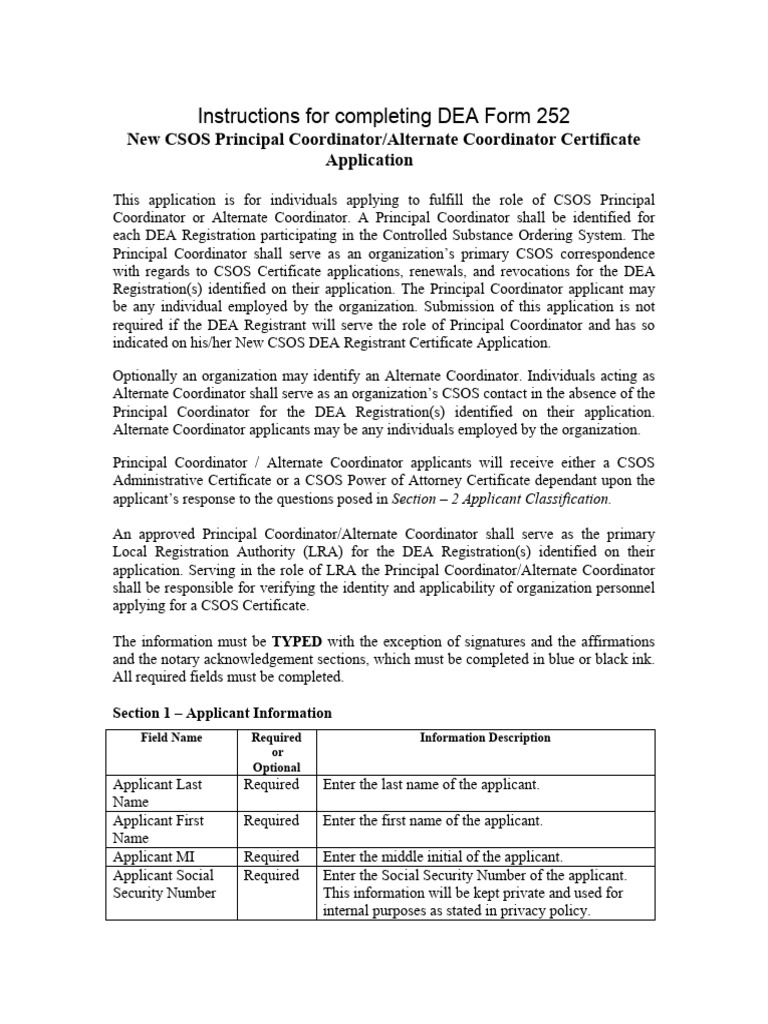 DEA Form 252 and Instructions | PDF | Identity Document | Notary Public