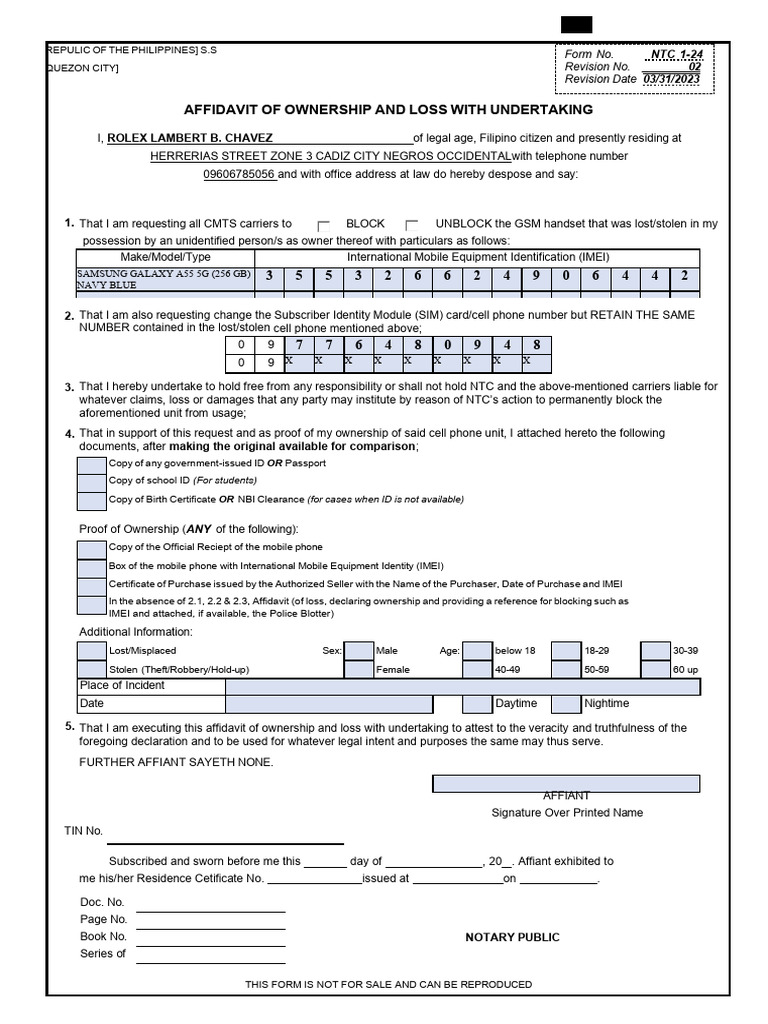 Form No. NTC 1-24 AFFIDAVIT OF OWNERSHIP AND LOSS WITH UNDERTAKING HEHE | PDF | Affidavit ...