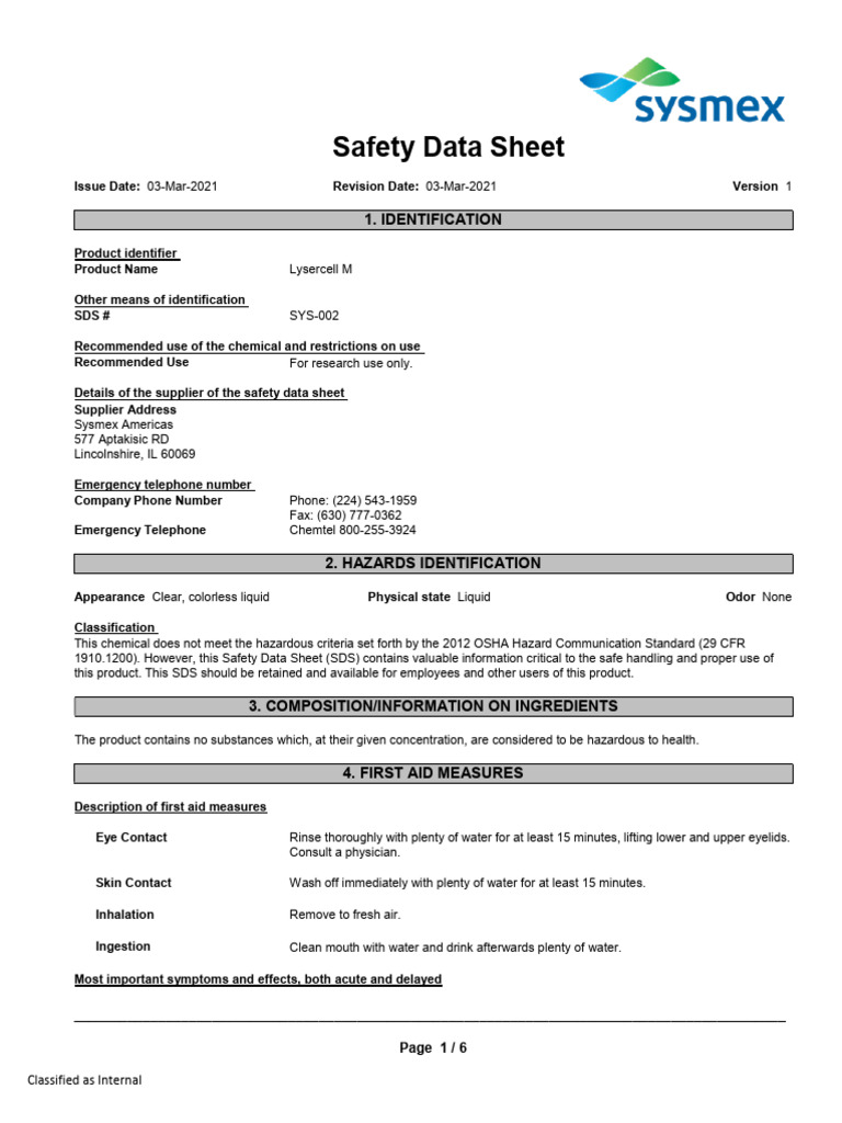 Sysmex Lysercell M Sds Usa en 1 | PDF | Personal Protective Equipment ...