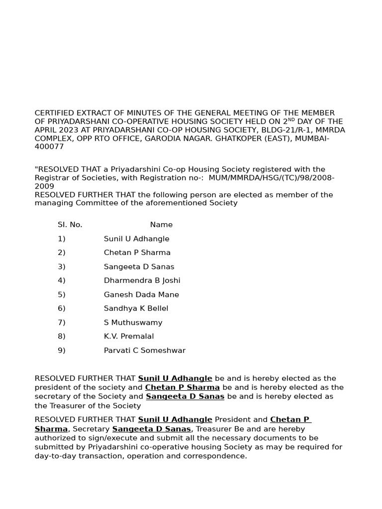 Certified Extract of Minutes of The General Meeting of The Member of ...