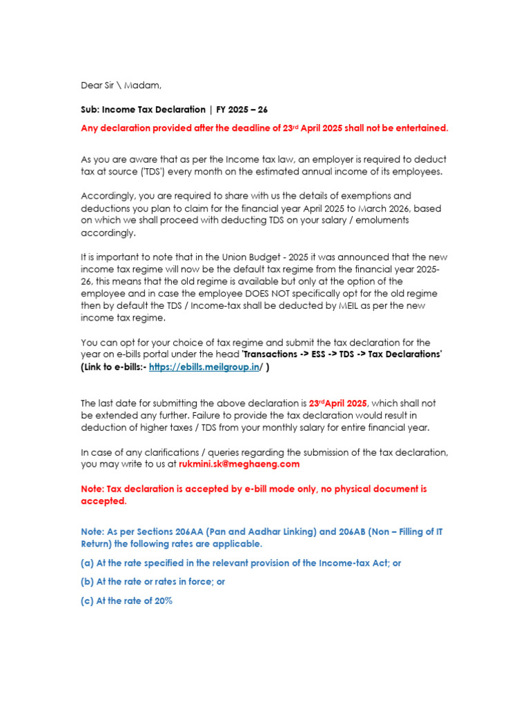 Income Tax Declaration FY 2025-26-1744193699 | PDF | Taxation | Payments
