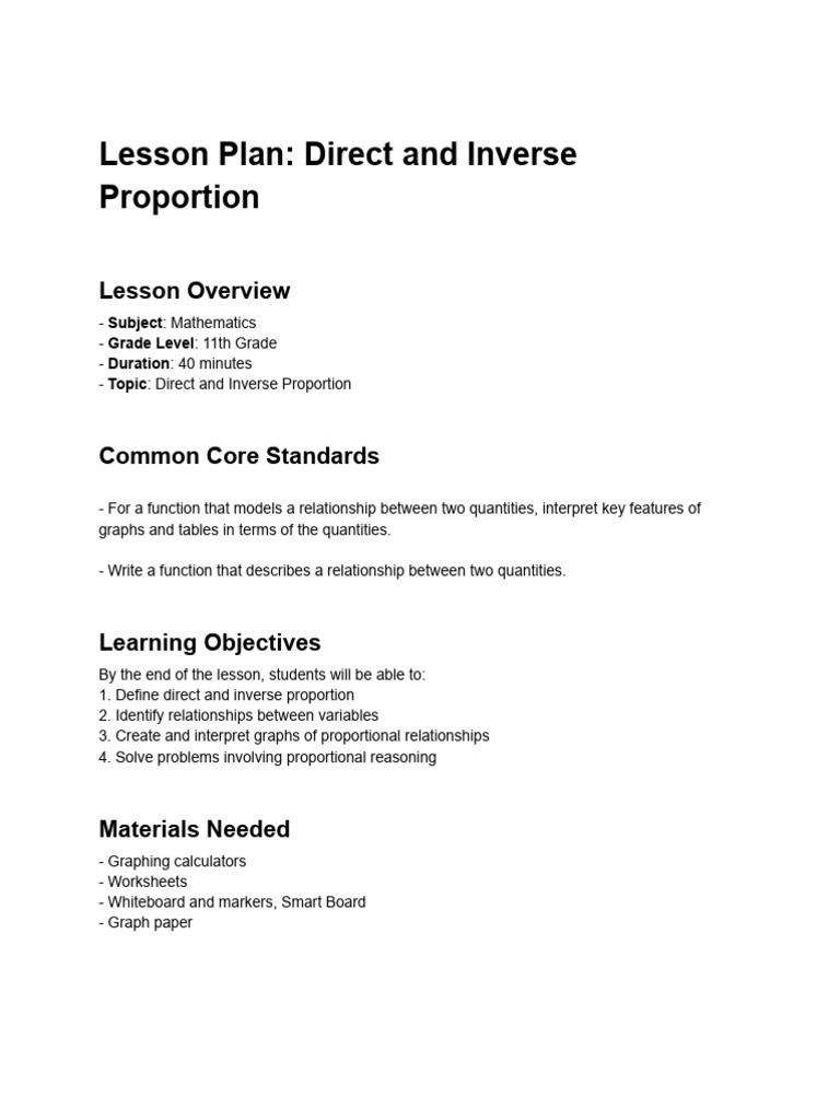 Lesson Plan: Proportions for Grade 11 | PDF | Algebra | Lesson Plan