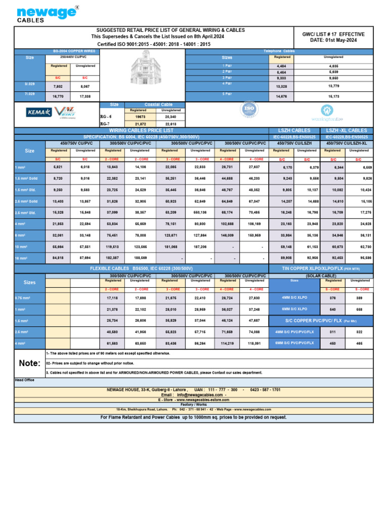Pakistan Cables Price List 2024 | PDF | Equipment | Electrical Components