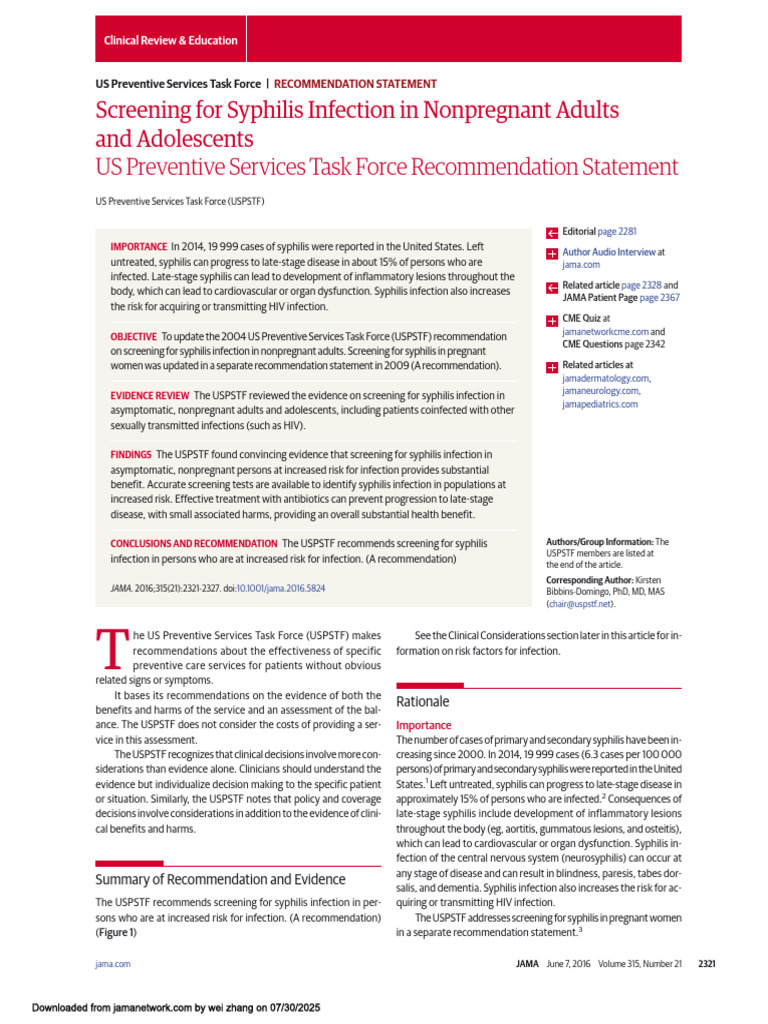 USPSTF Syphilis Screening Guidelines | PDF | Infection | Screening ...